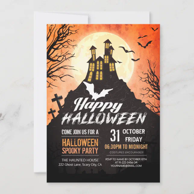 Spooky Haunted House Costume Night Sky Halloween Invitation | Zazzle