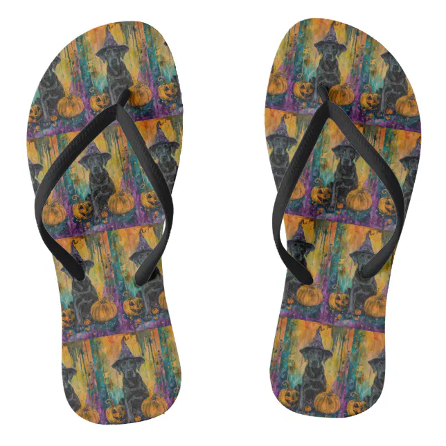 Spooky Labrador Dog Halloween Witch And Pumpkin Flip Flops | Zazzle