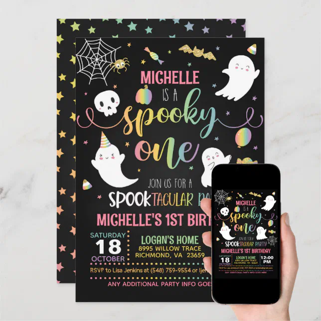 Spooky One Birthday Invitation - Girl (Blk/Pastel) | Zazzle