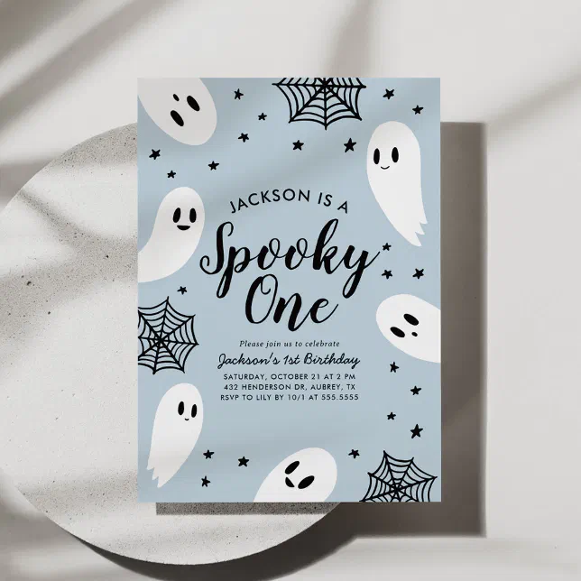 Spooky One Blue Ghost Halloween 1st Birthday Invitation | Zazzle