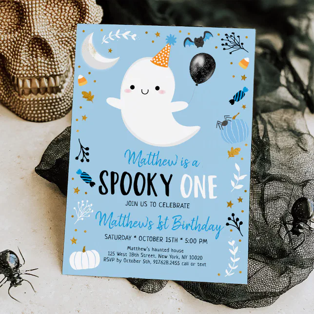 Spooky ONE Blue Ghost Halloween Birthday Invitation | Zazzle