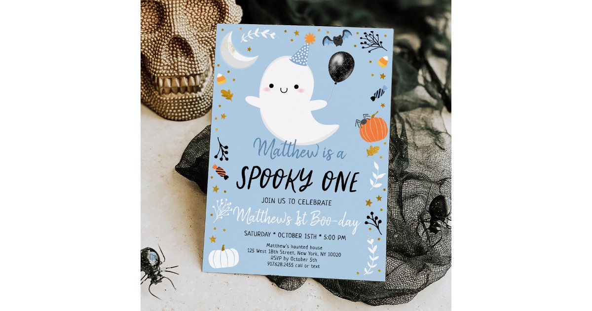 Spooky ONE Blue Ghost Halloween Birthday Invitation | Zazzle