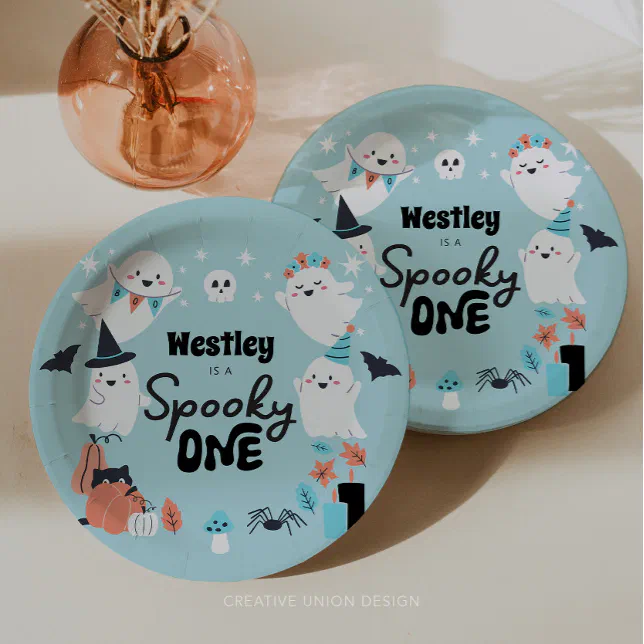 Spooky One Cute Ghost Boy 1st Birthday Party Paper Plates | Zazzle