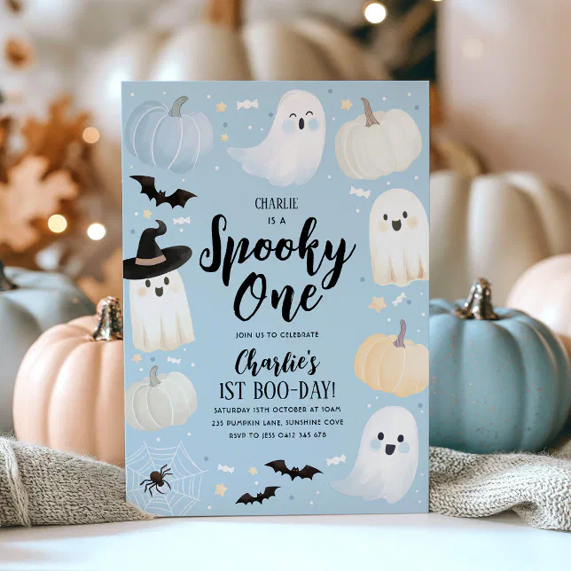 Spooky One Halloween 1st Birthday Boy Blue Ghost Invitation | Zazzle