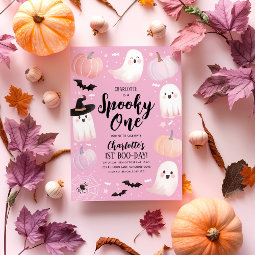 Spooky One Halloween 1st Birthday Girl Pink Ghost Invitation | Zazzle