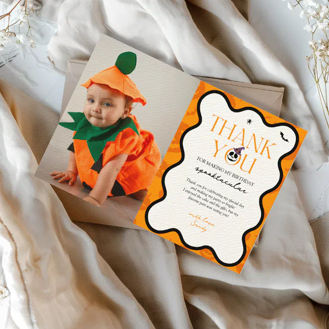 Spooky One Halloween Fall Scary 1st Birthday Photo Thank You Card | Zazzle