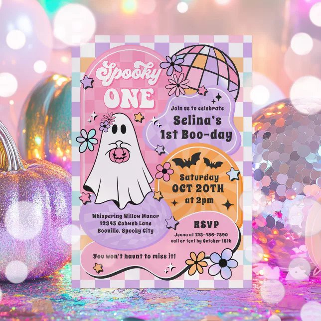 Spooky One Halloween Groovy Ghost 1st Birthday Invitation | Zazzle