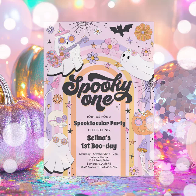 Spooky One Halloween Groovy Ghost 1st Birthday Invitation | Zazzle