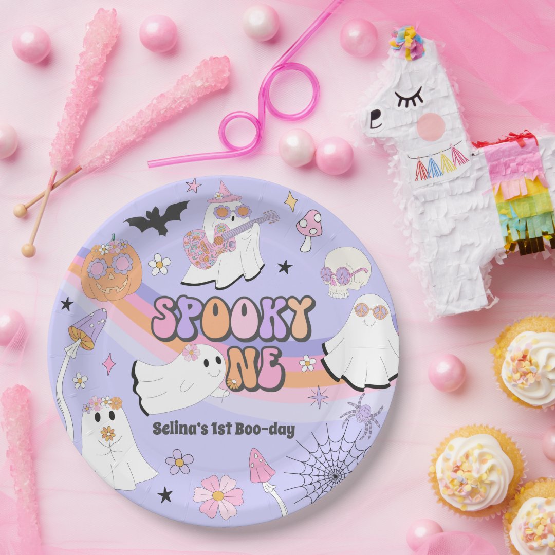 Spooky One Halloween Groovy Ghost 1st Birthday Paper Plates | Zazzle