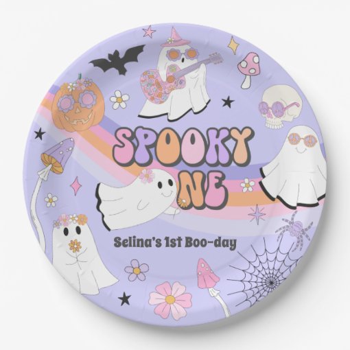 Spooky One Halloween Groovy Ghost 1st Birthday Paper Plates | Zazzle