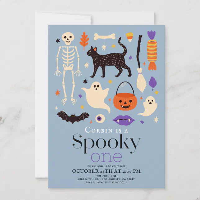 Spooky One Halloween Motifs Blue 1st Birthday Invitation | Zazzle