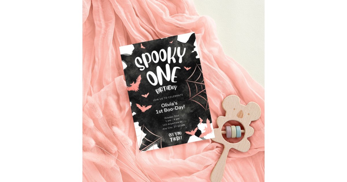 Spooky One Invitation Halloween Birthday Pink Bats | Zazzle