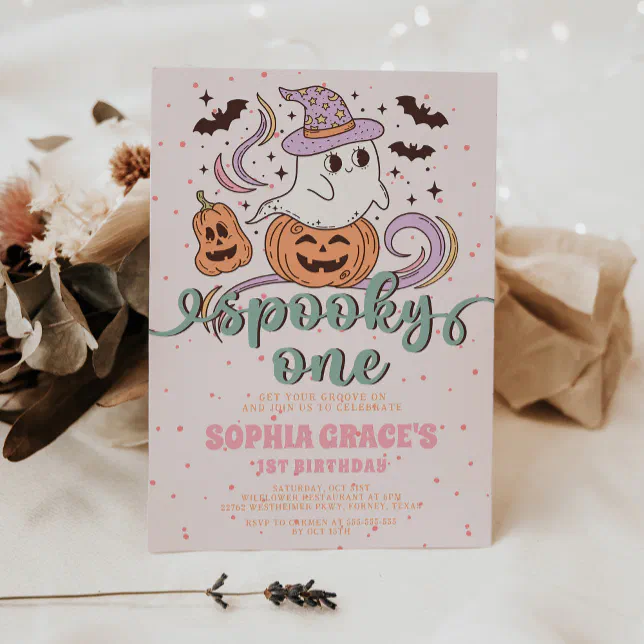 Spooky One Retro Ghost Halloween Birthday Party Invitation | Zazzle