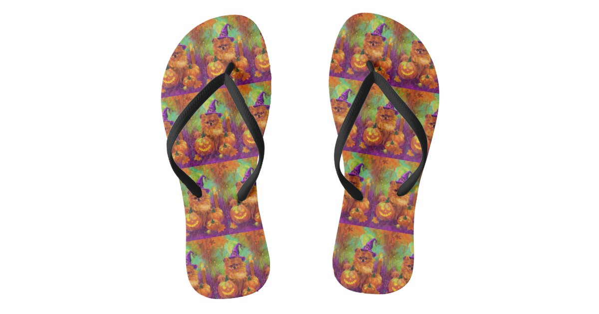Spooky Pomeranian Dog Halloween Witch And Pumpkin Flip Flops | Zazzle