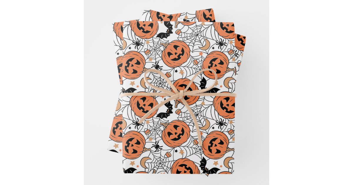 Spooky Pumpkin Halloween Pattern Wrapping Paper Sheets | Zazzle
