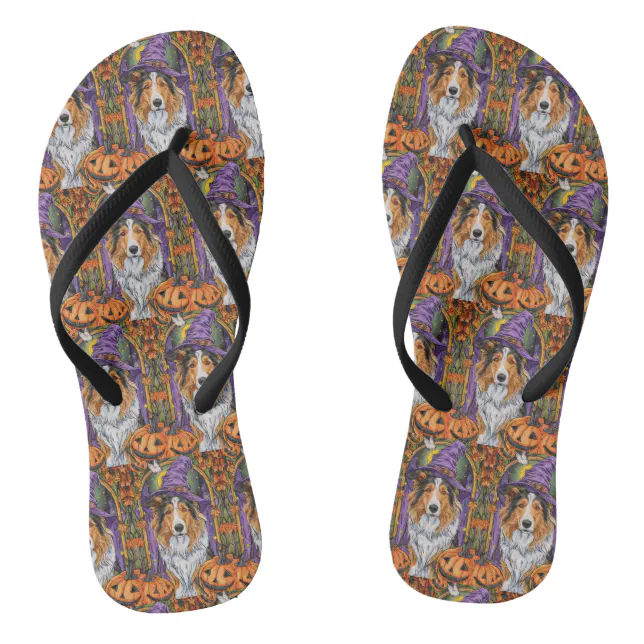 Spooky Rough Collie Dog Halloween Witch Pumpkin Flip Flops | Zazzle