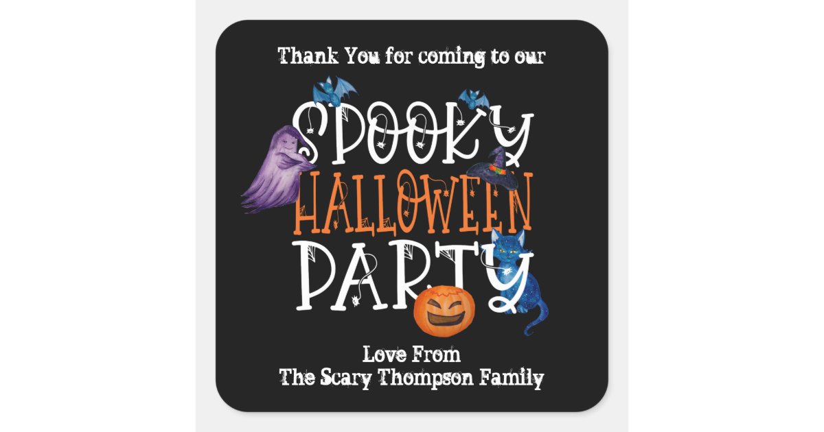 Spooky Script Halloween Party Thank You Black Squa Square Sticker | Zazzle