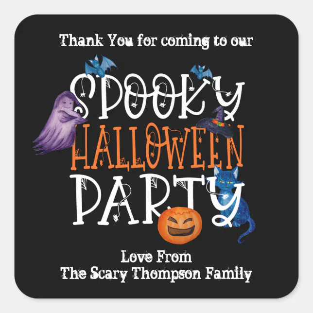 Spooky Script Halloween Party Thank You Black Squa Square Sticker | Zazzle