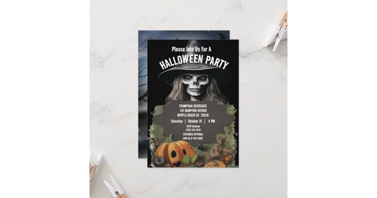 Spooky Skeleton Halloween Party Invitation | Zazzle