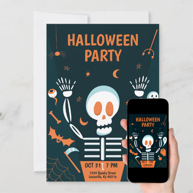 Spooky Skeleton Halloween Party Invitation | Zazzle