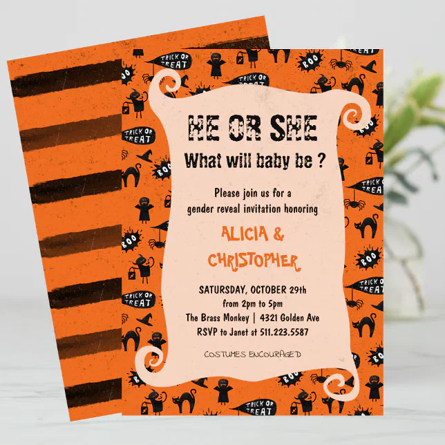 Spooky trick and treat Halloween gender reveal Invitation | Zazzle