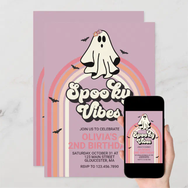 Spooky Vibes Retro Halloween Ghost Birthday Invitation | Zazzle