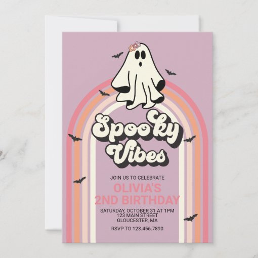 Spooky Vibes Retro Halloween Ghost Birthday Invitation | Zazzle