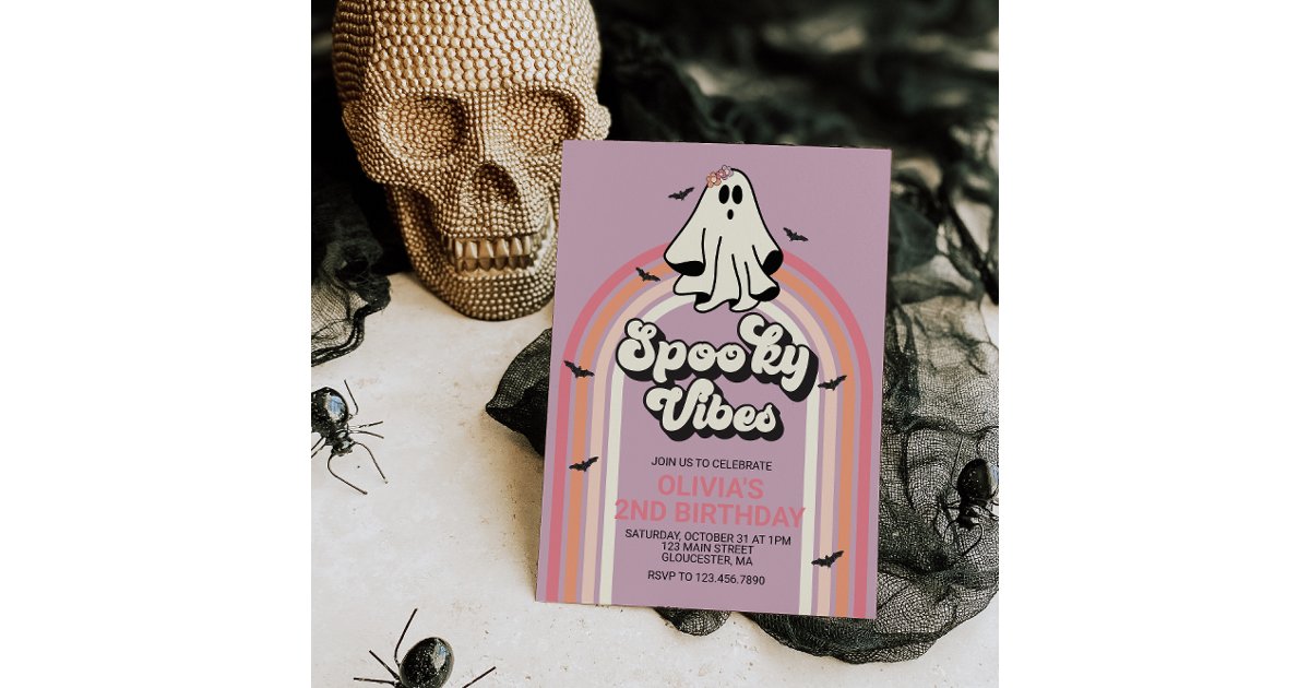 Spooky Vibes Retro Halloween Ghost Birthday Invitation | Zazzle