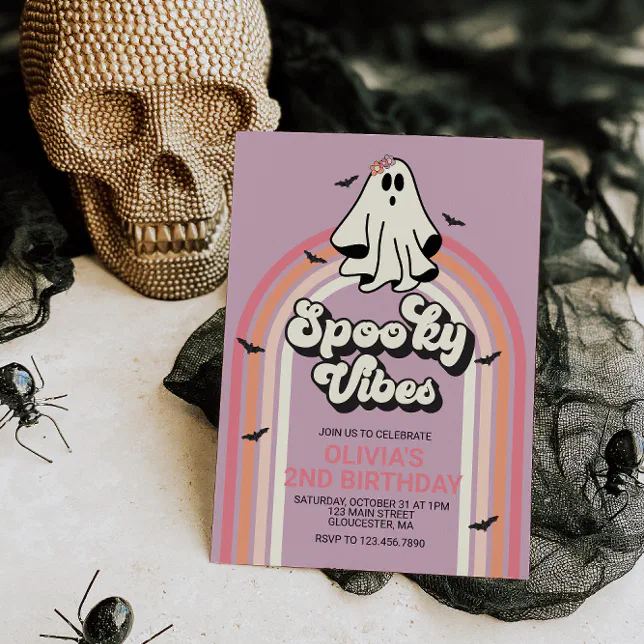 Spooky Vibes Retro Halloween Ghost Birthday Invitation | Zazzle