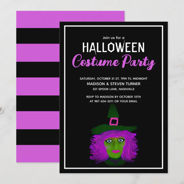 Spooky Witch Black Purple Halloween Costume Party Invitation | Zazzle