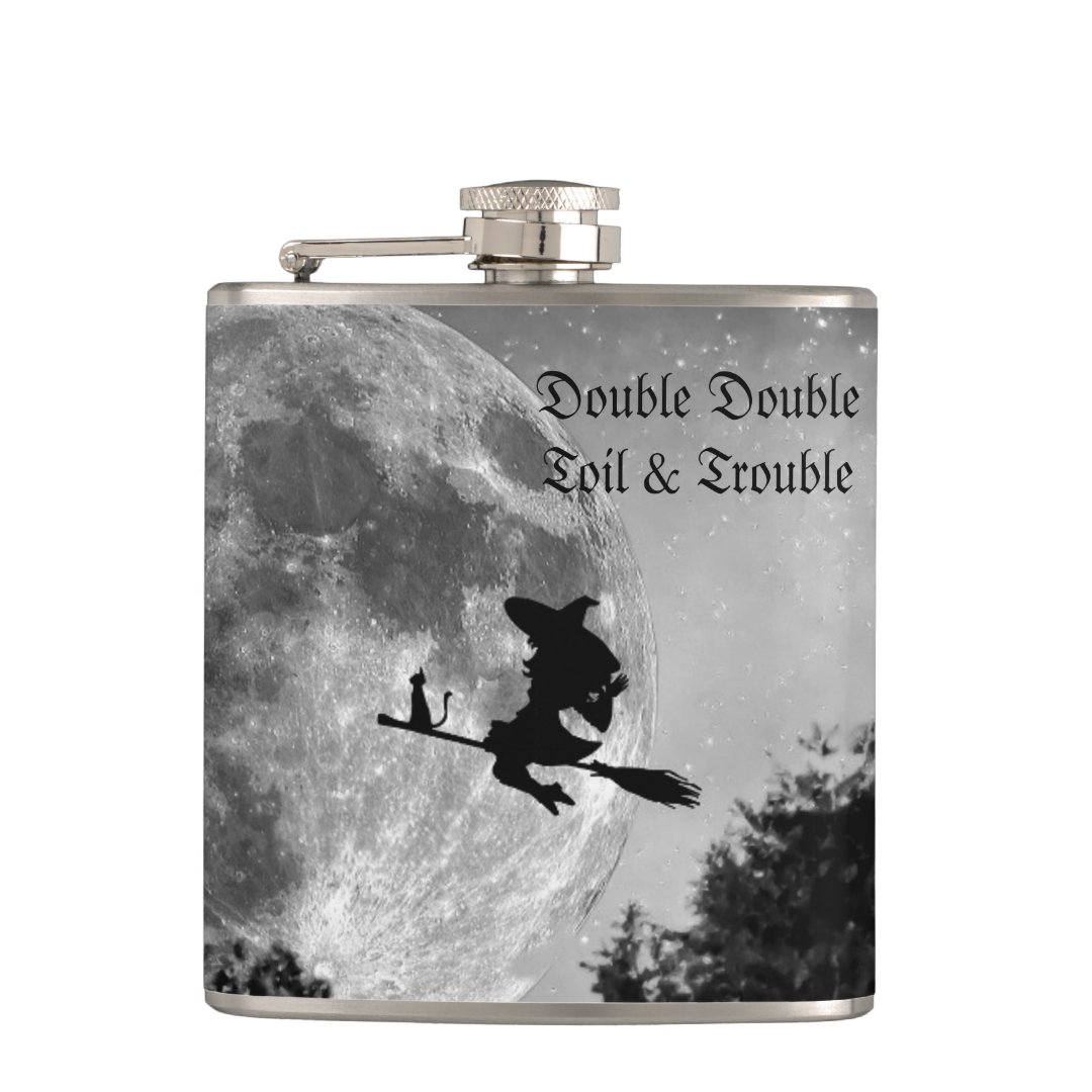 Spooky Witch on Broom Full Moon Halloween Flask | Zazzle