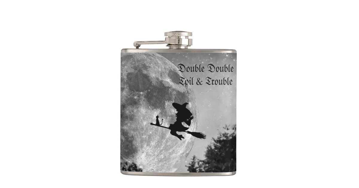 Spooky Witch on Broom Full Moon Halloween Flask | Zazzle