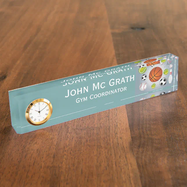 Sport Balls Desk Name Plate With Clock | Zazzle