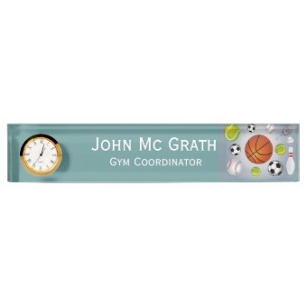 Sport Balls Desk Name Plate With Clock | Zazzle