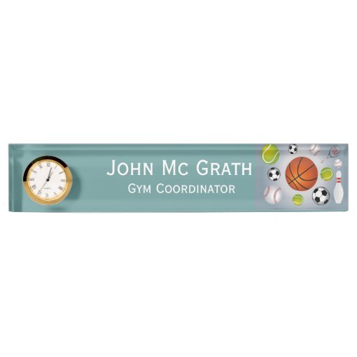 Sport Balls Desk Name Plate With Clock | Zazzle