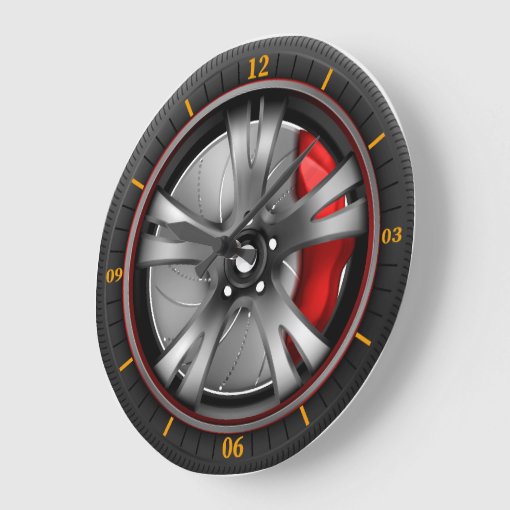 Sport car wheel with red brake gear large clock | Zazzle