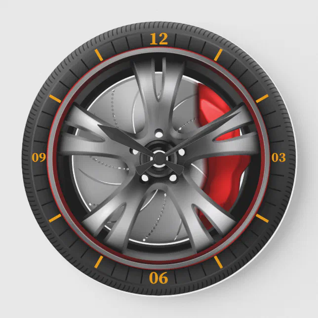 Sport car wheel with red brake gear large clock | Zazzle