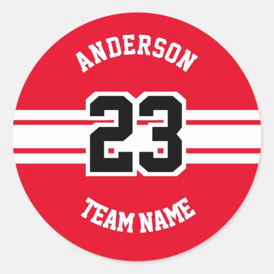 Sport Name, Team and Number Red Designs Classic Round Sticker | Zazzle.com