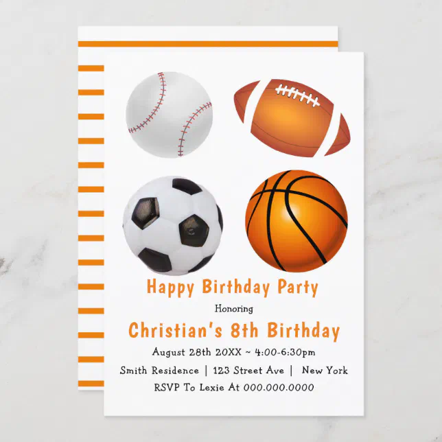Sport Theme 8th Birthday Party Invitations | Zazzle