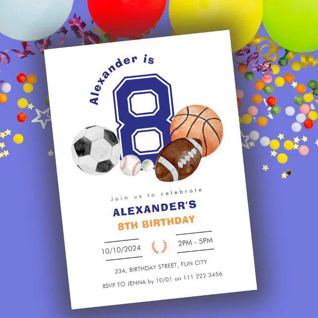 Sports 8th Boy Athlete Birthday Invitation | Zazzle