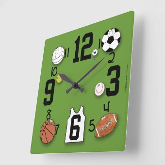 Sports Ball Characters-Sports Equipment Square Wall Clock | Zazzle