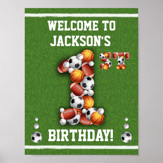 Sports balls 1st Birthday Welcome Sign | Zazzle