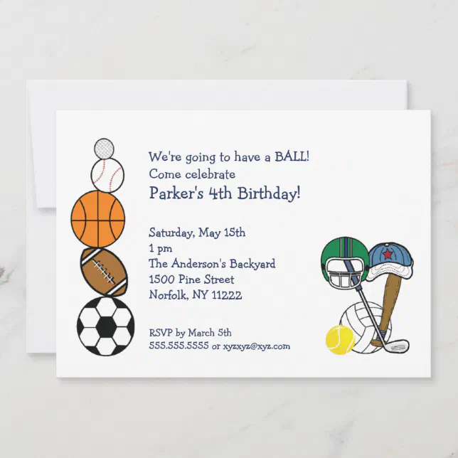 Sports Balls Birthday Party Invite for kids | Zazzle