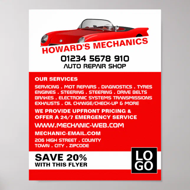 Sports Car, Auto Mechanic & Repairs Advertising Poster | Zazzle