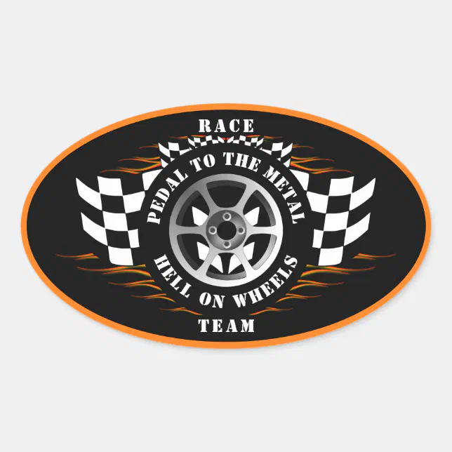 Sports Car Racing Checkered Flag Flames Helmet Oval Sticker | Zazzle