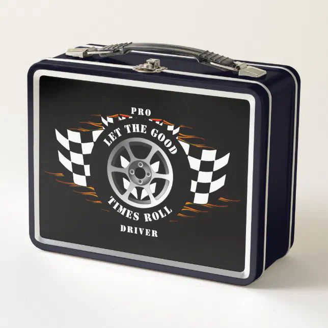 Sports Car Racing Wheel Checkered Flag Flames Pro Metal Lunch Box | Zazzle