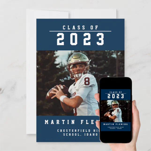 Sports Class of Custom Photo Blue Graduation Announcement | Zazzle