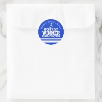 Sports day winner congratulations blue award classic round sticker | Zazzle