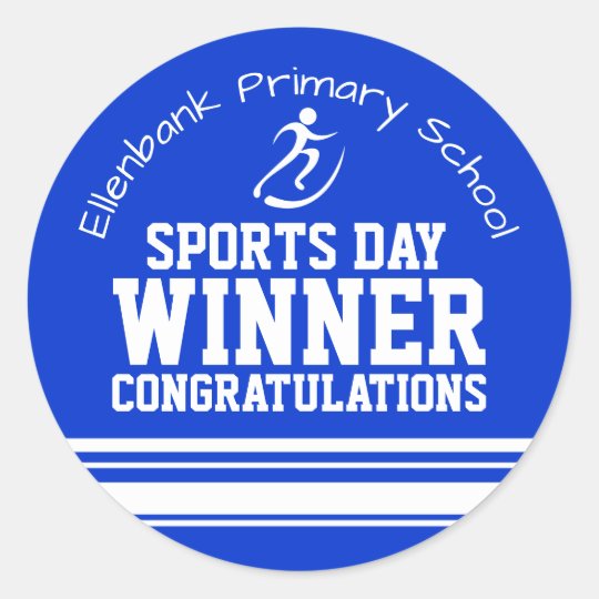 Sports day winner congratulations blue award classic round sticker ...