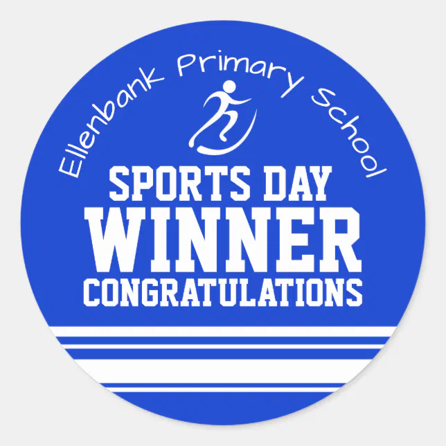 Sports day winner congratulations blue award classic round sticker | Zazzle